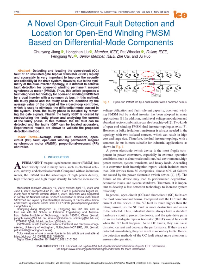 A Novel Open Circuit Fault Detection And Location For Open End Winding Pmsm Based On