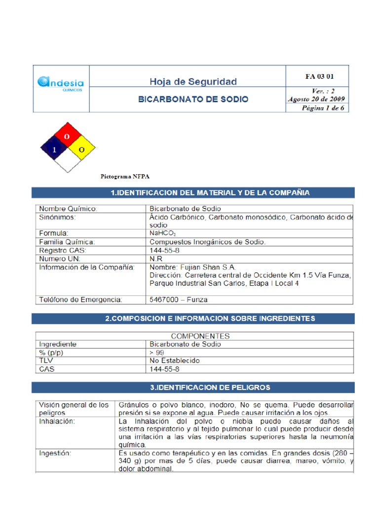 Ficha de Seguridad Bicarbonato de Sodio | PDF
