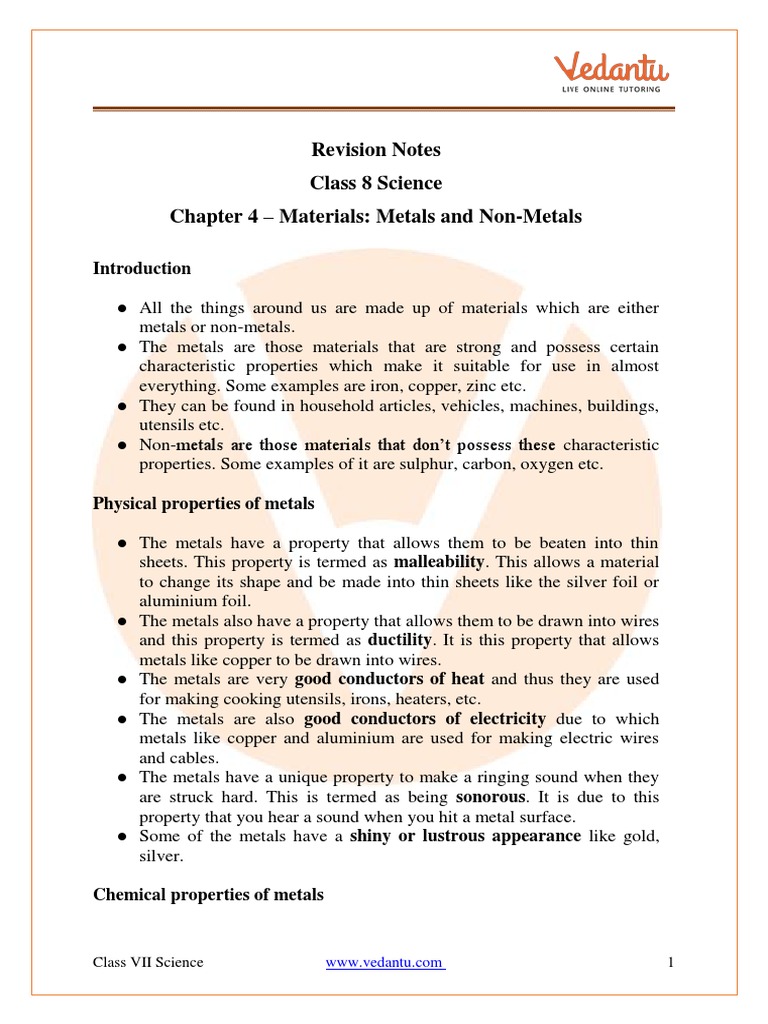 Class 8 Science Chapter 4 Revision Notes | PDF | Metals | Oxide