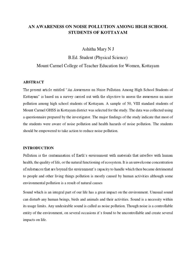 An Awareness On Noise Pollution Among High School Students of Kottayam ...