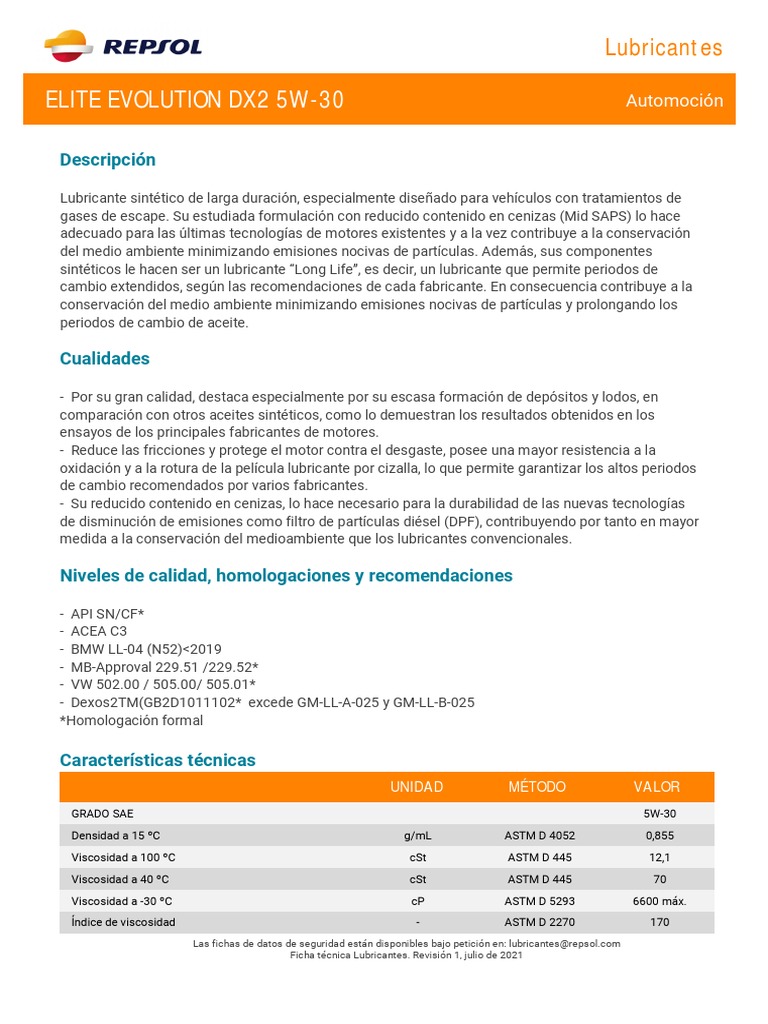 Elite Evolution dx2 5W 30 | PDF | Lubricante | Materiales