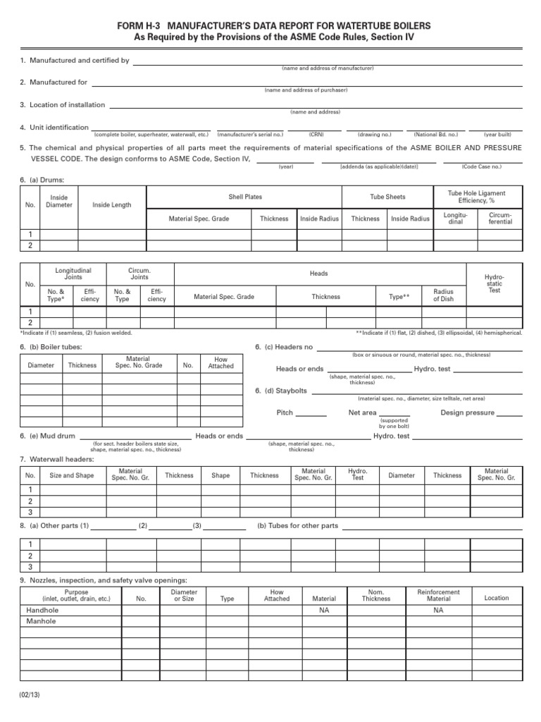 Form H-3 Manufacturer'S Data Report For Watertube Boilers As Required ...
