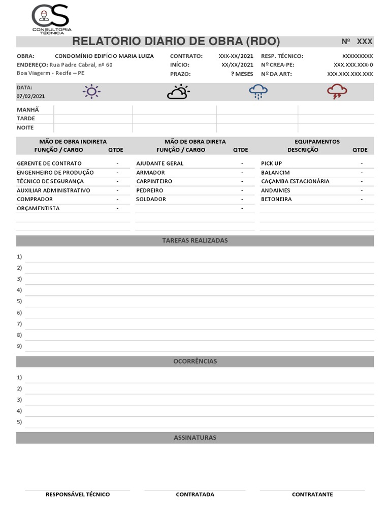 Template Diário de Obras (Rdo) | PDF