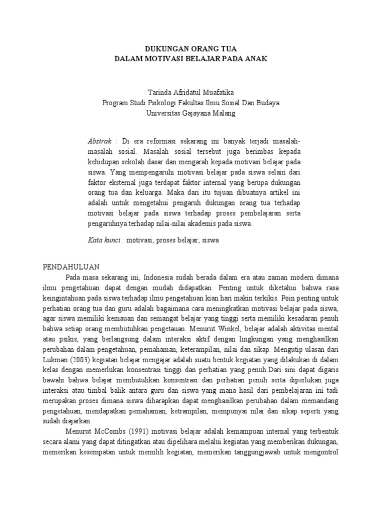 Dukungan Orang Tua Dalam Motivasi Belajar Pada Anak | PDF