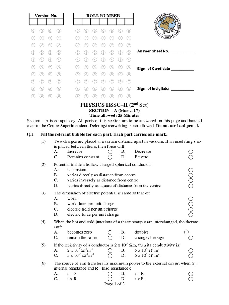 Physics HSSC-II (2nd Set) | PDF | Inductor | Electromagnetic Induction