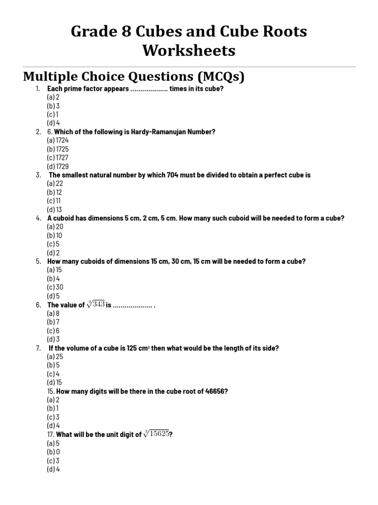 Grade 8 Cubes and Cube Roots Worksheets | PDF | Numbers | Discrete ...