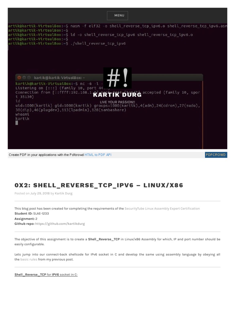 0x2 Shell Reverse TCP IPV6 Linux-X86 | PDF | Network Socket | Software Engineering