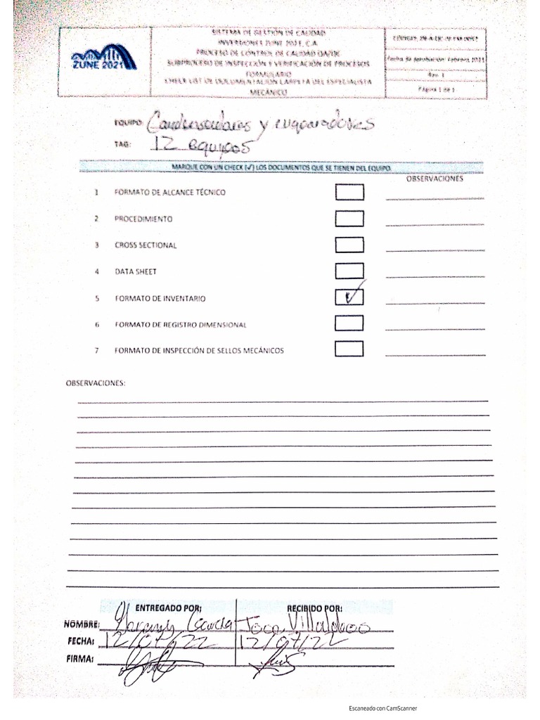 Check List de Documentación de 12 Equipos Condensadores y Evaporadores ...