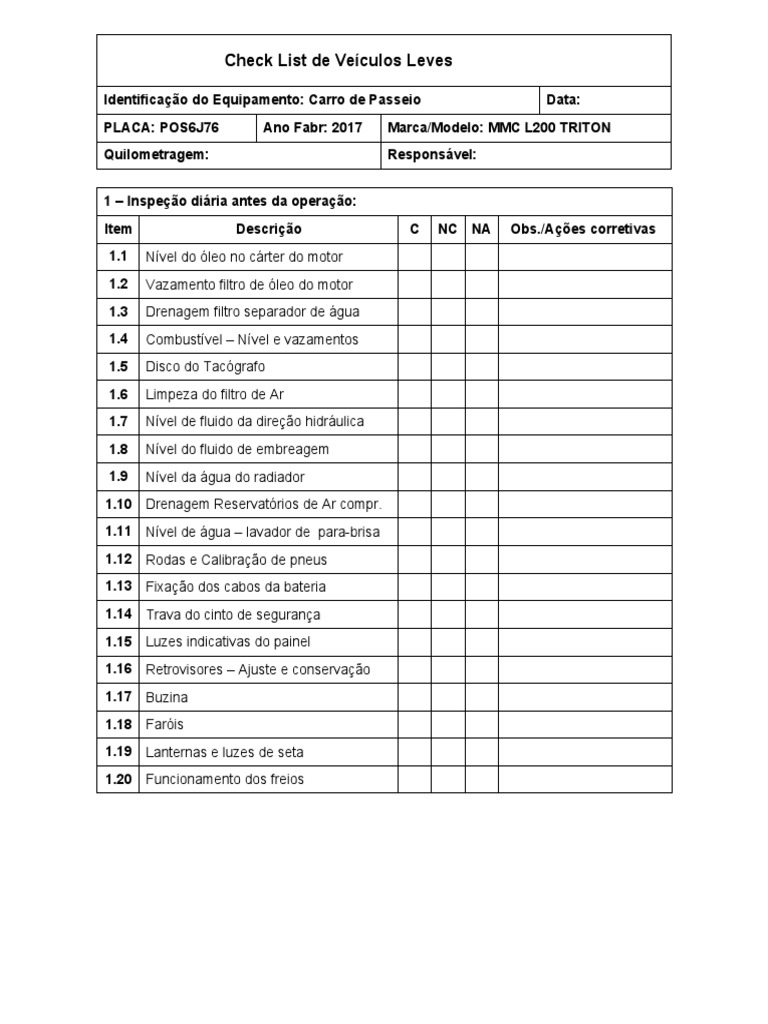 Check List Exemplo - Veículos Leves | PDF | Transporte | Engenharia de ...