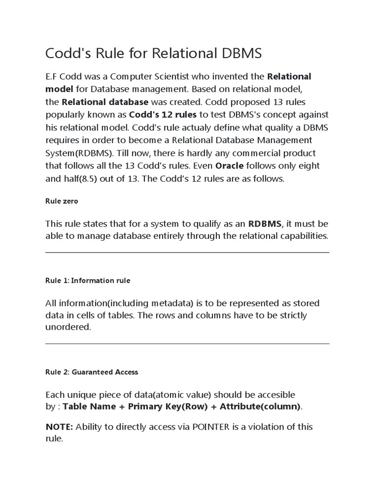 Codd S Rule For Relational Dbms Model For Database Management Based On Relational Model Pdf