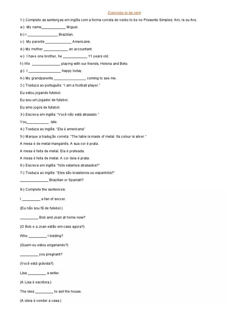 Exercises To Be Verb | PDF