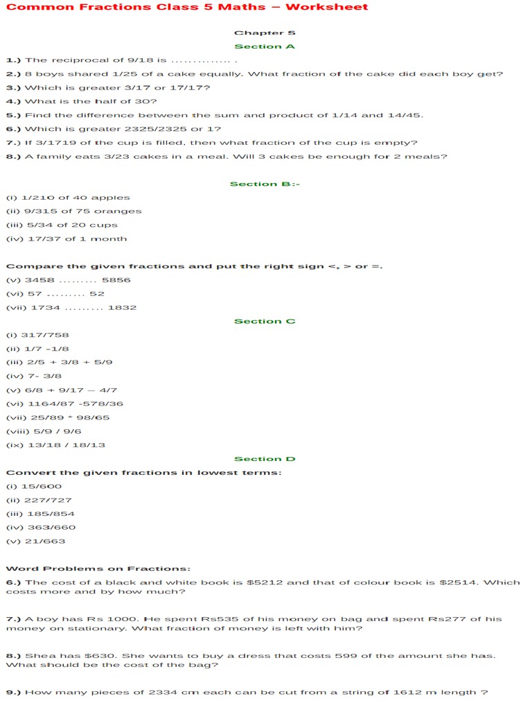 Common Fractions Class 5 Maths - Worksheet | PDF