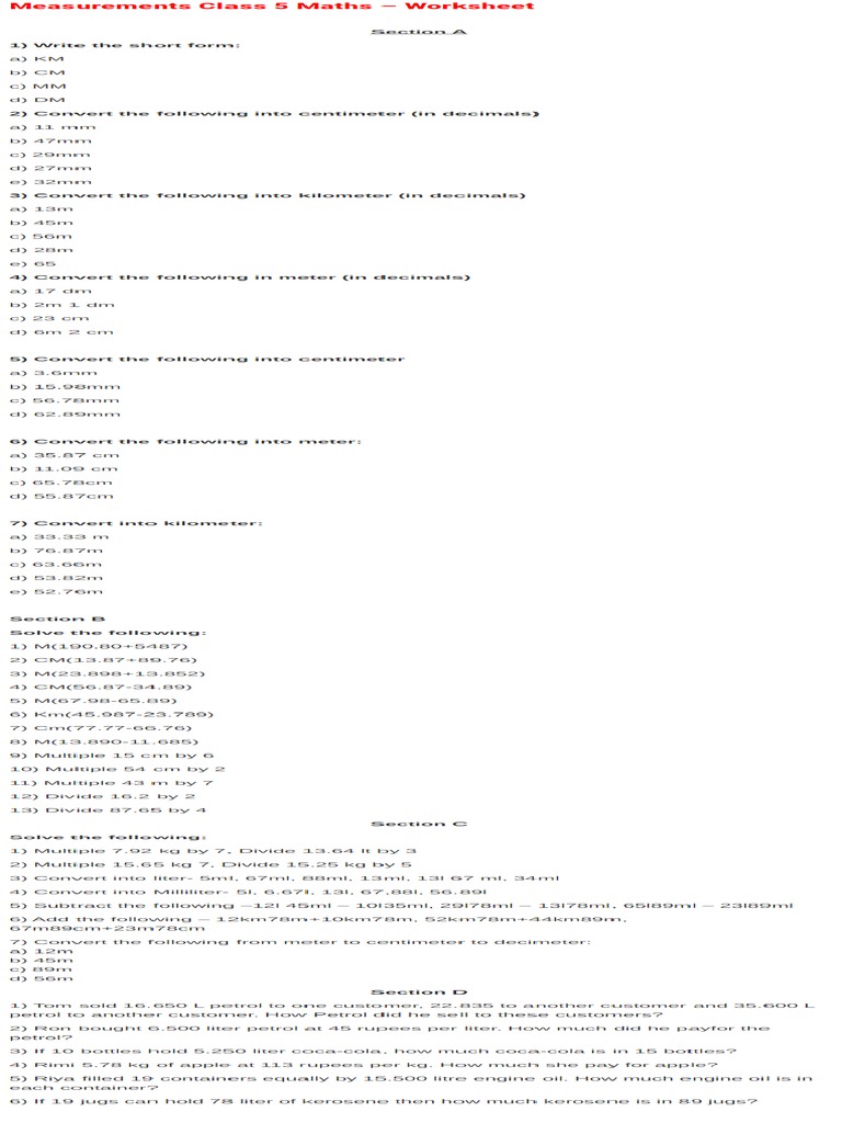 Measurements Class 5 Maths - Worksheet | PDF
