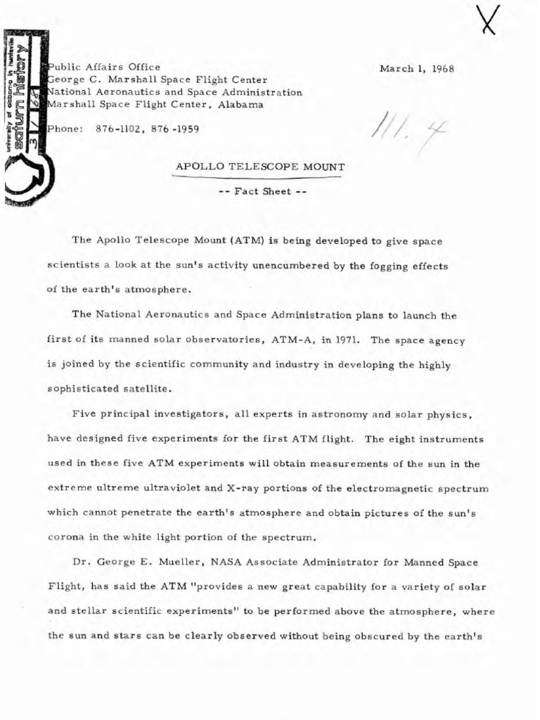 Apollo Telescope Mount Fact Sheet | PDF | Apollo Program | Apollo Lunar ...