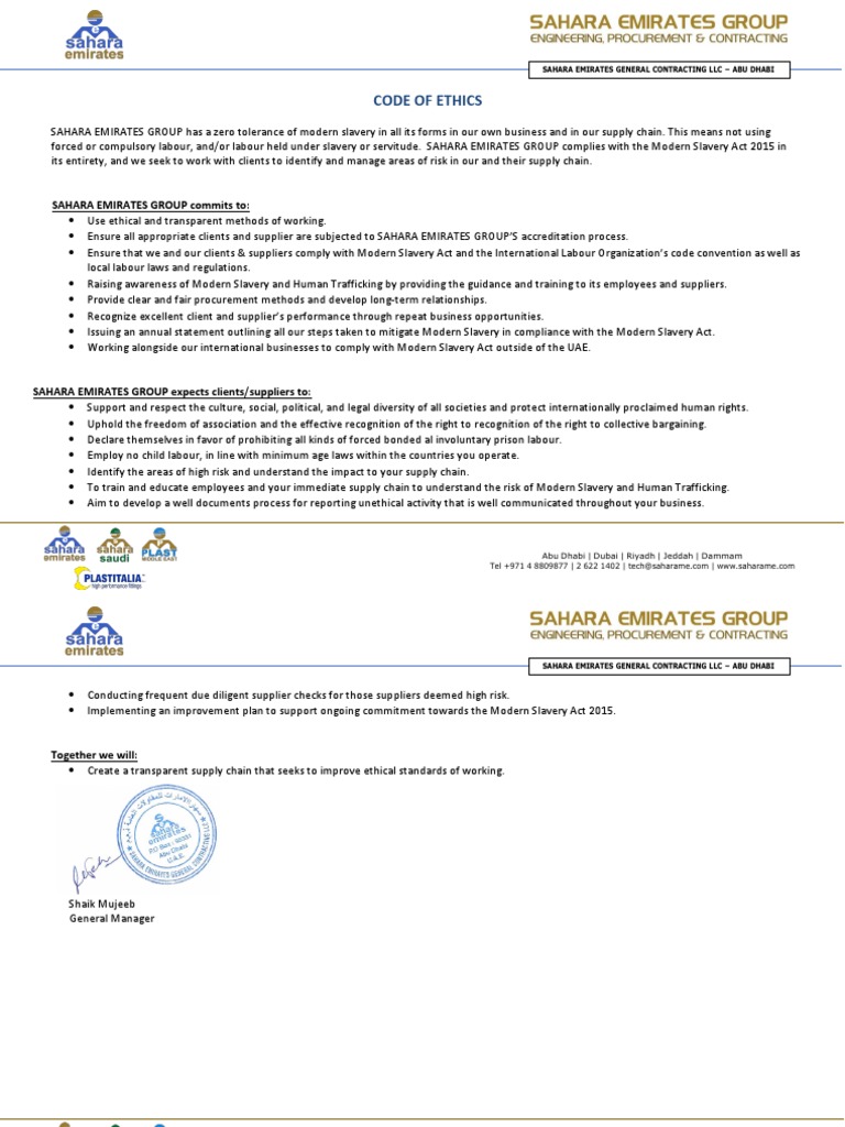 Code of Ethics: Sahara Emirates Group Commits To | PDF | United Arab ...