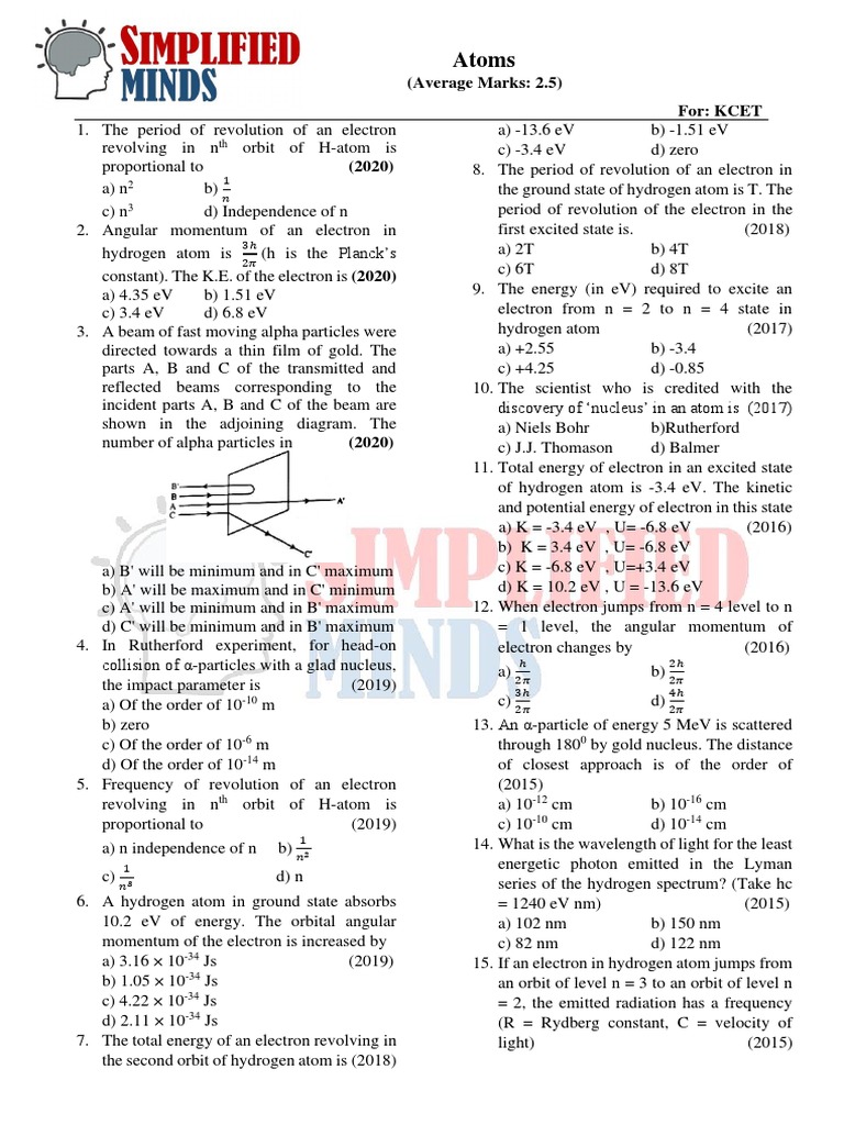 12.atoms KCET PYQs | Download Free PDF | Electron | Electronvolt
