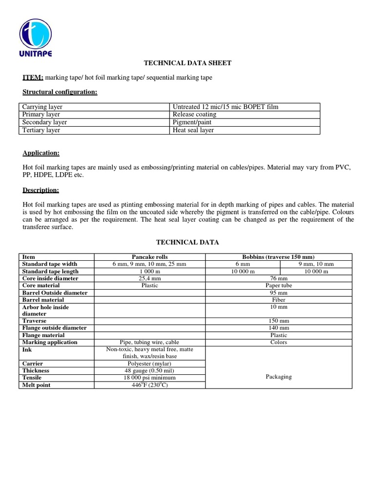 Technical Data Sheet ITEM: Marking Tape/ Hot Foil Marking Tape ...