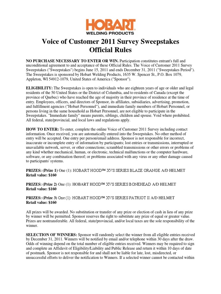 Voice of Customer 2011 Survey Sweepstakes Rules | PDF | Virtue | Common Law