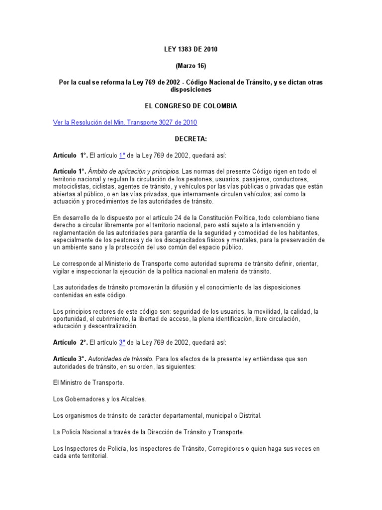 Ley 1383 de 2010 | PDF | Licencia de conducir | Multa (pena)