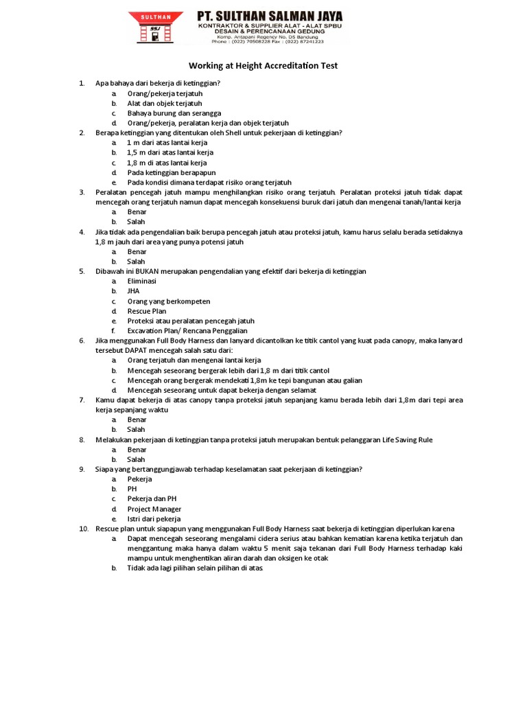 Working at Height Accreditation Test | PDF