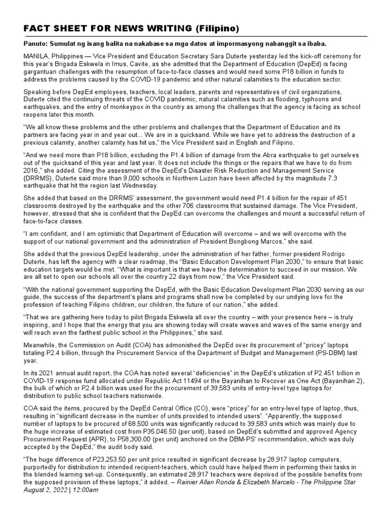Fact Sheet on Filipino News Writing | PDF | Rodrigo Duterte | Philippines