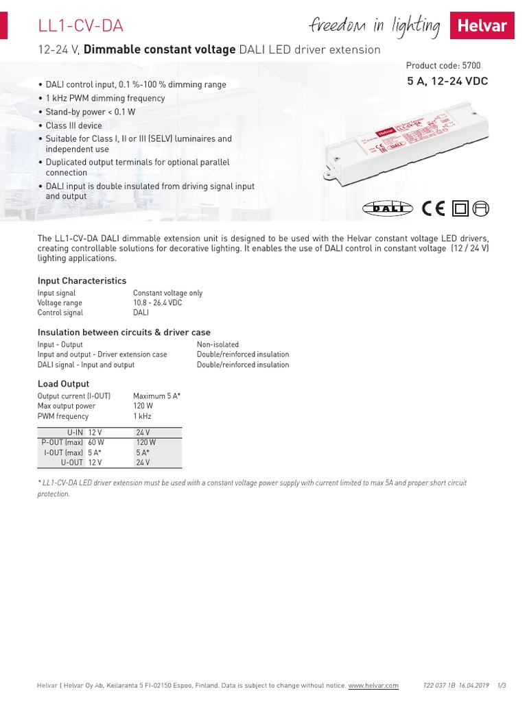 LL1-CV-DA: 12-24 V, Dimmable Constant Voltage DALI LED Driver Extension ...