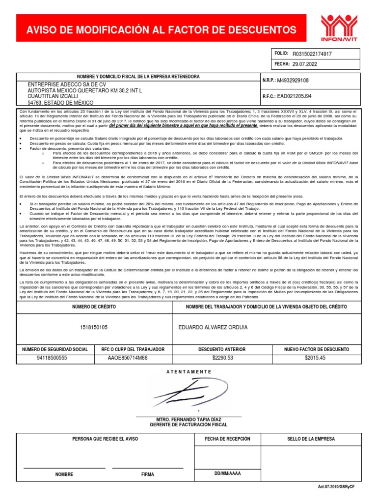 15-Aviso de Retención Infonavit | PDF | Salario mínimo | Salario