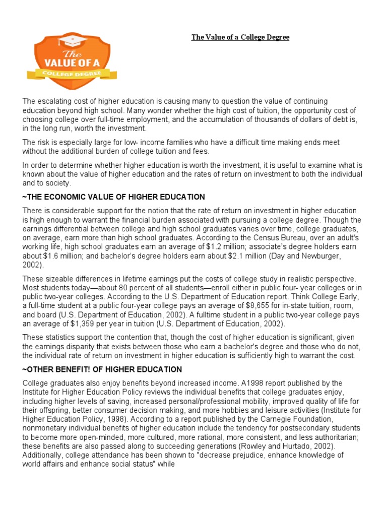 The Value of a College Degree | PDF | Tuition Payments | Investing