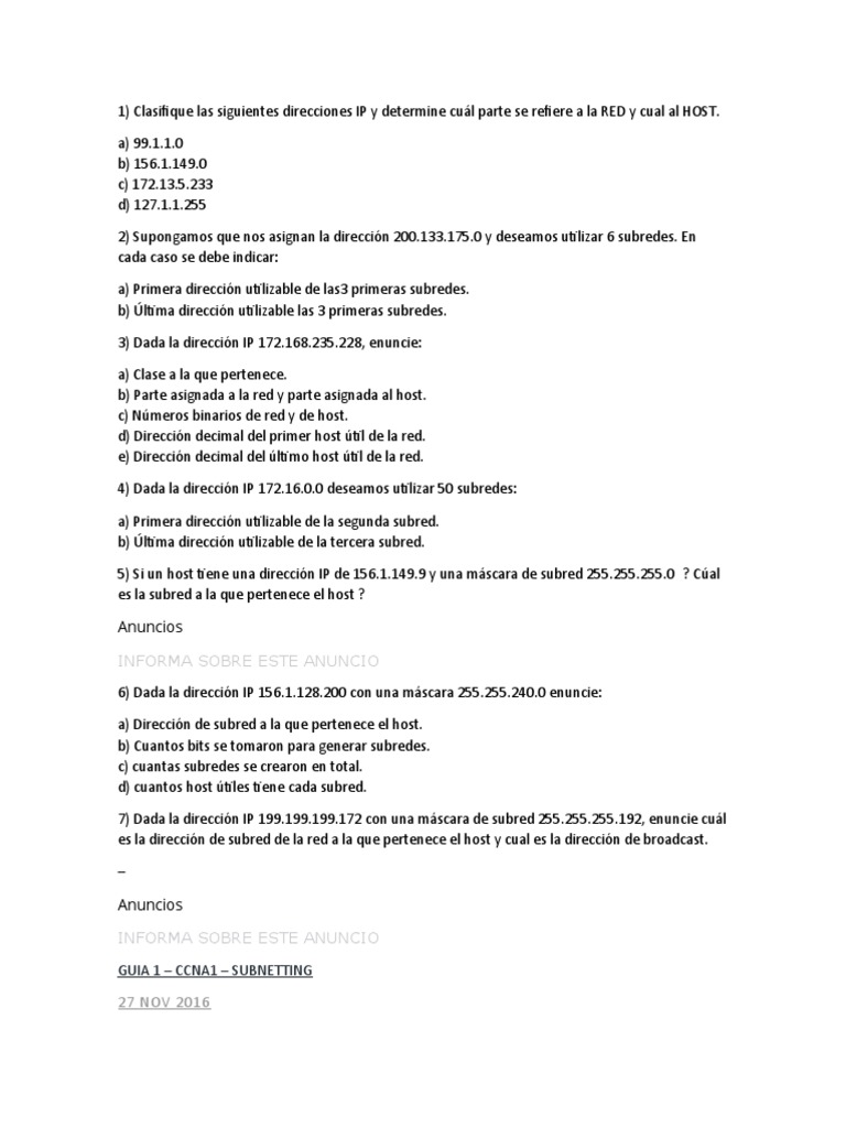 Ejercicios VLSM | PDF | Dirección IP | Protocolos de capa de red