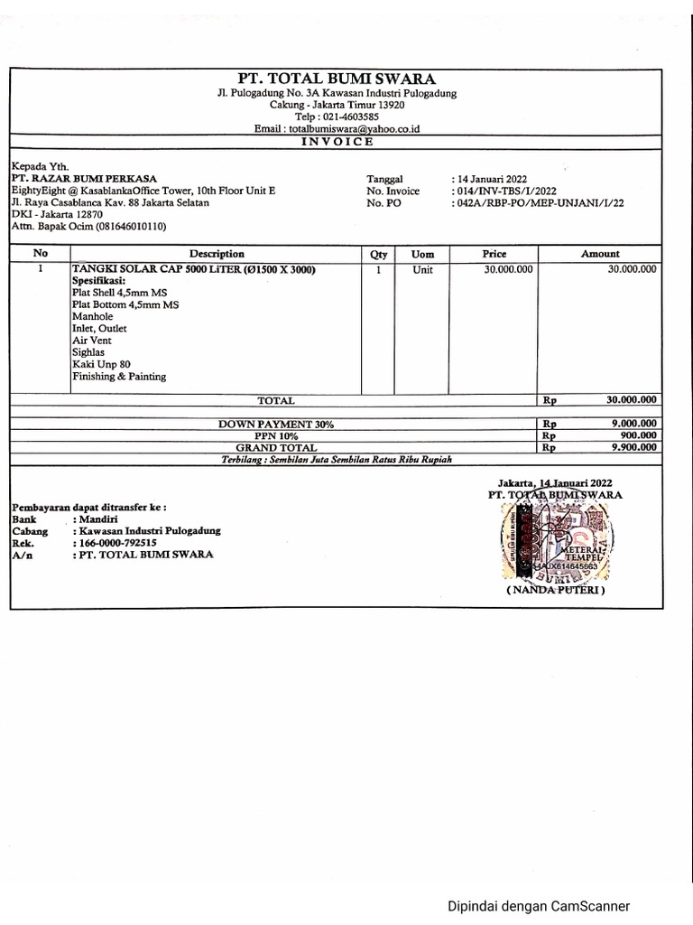 Invoice PT Razar Bumi Perkasa (14 Jan 2022) | PDF