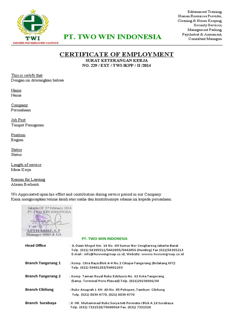 Pt. Two Win Indonesia: Certificate of Employment | PDF