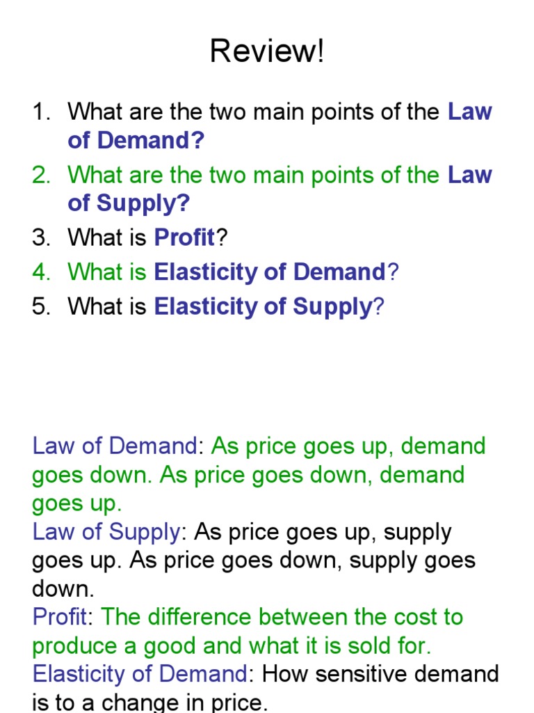 Review!: Law of Demand? Law of Supply? Profit Elasticity of Demand ...