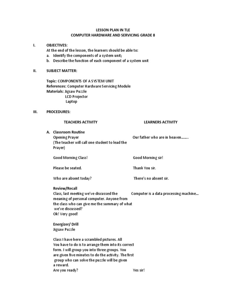Lesson Plan in Tle Computer Hardware Onyx | PDF | Computer Hardware ...