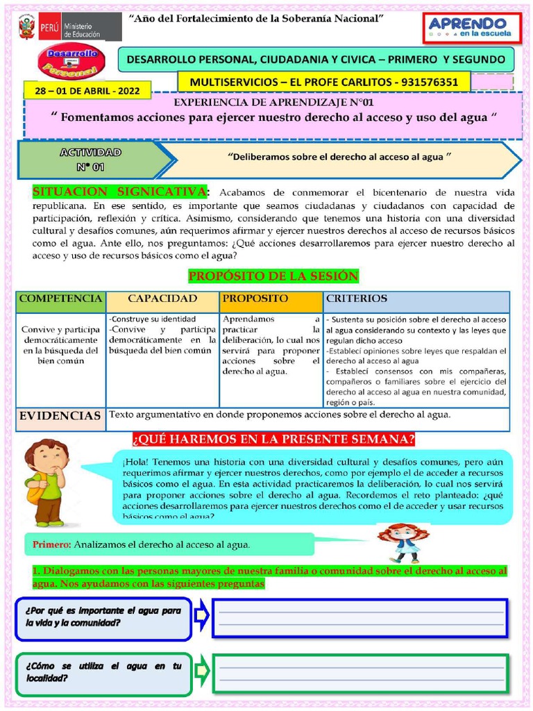 Experiencia de Aprendizaje 1 - Desarrollo Personal Ciudadania y Civica - Actividad 1 - 1ero y ...