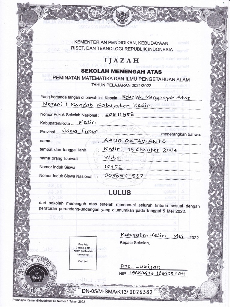 Contoh Ijazah SMA Kab | PDF