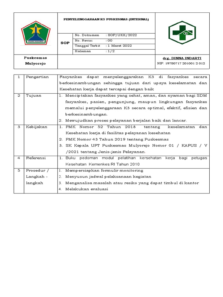 SOP K3 Puskesmas Mulyorejo | PDF