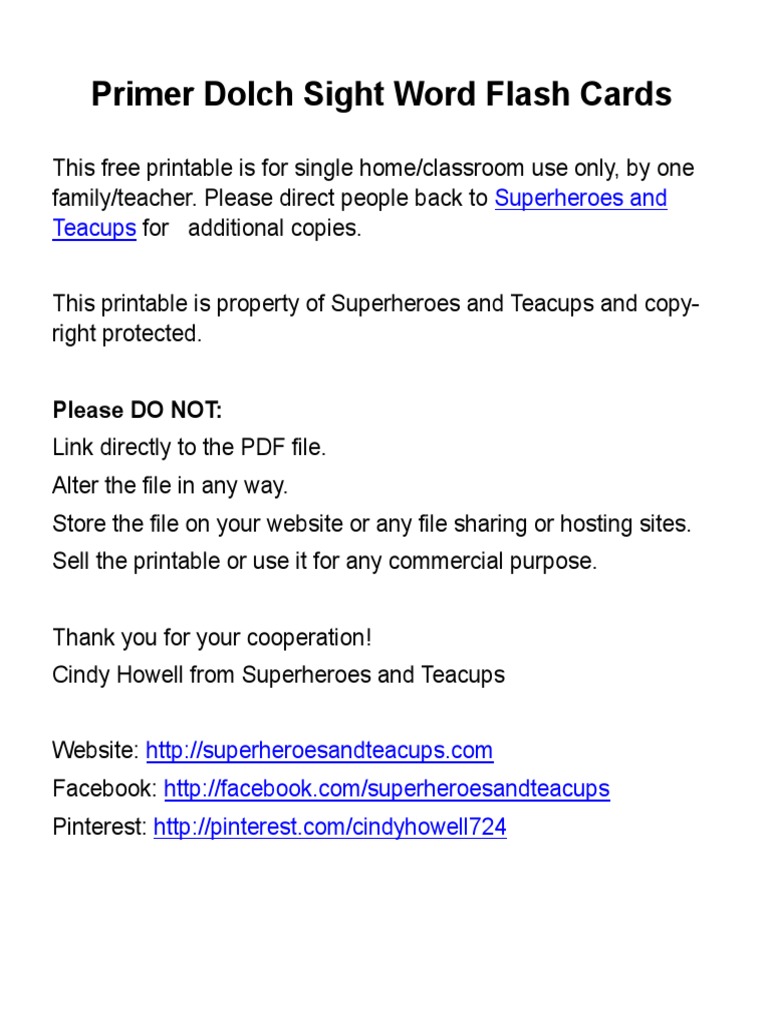 Primer Dolch Sight Word Flash Cards: Superheroes and Teacups | PDF