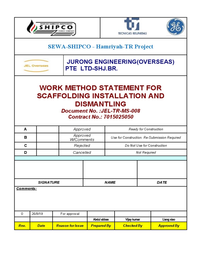Work Method Statement For Scaffolding Installation And Dismantling Pdf Scaffolding