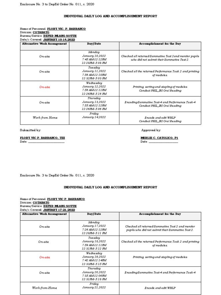 Accomplishment Individual Workweek Plan Flo Wk3 | PDF | Government ...
