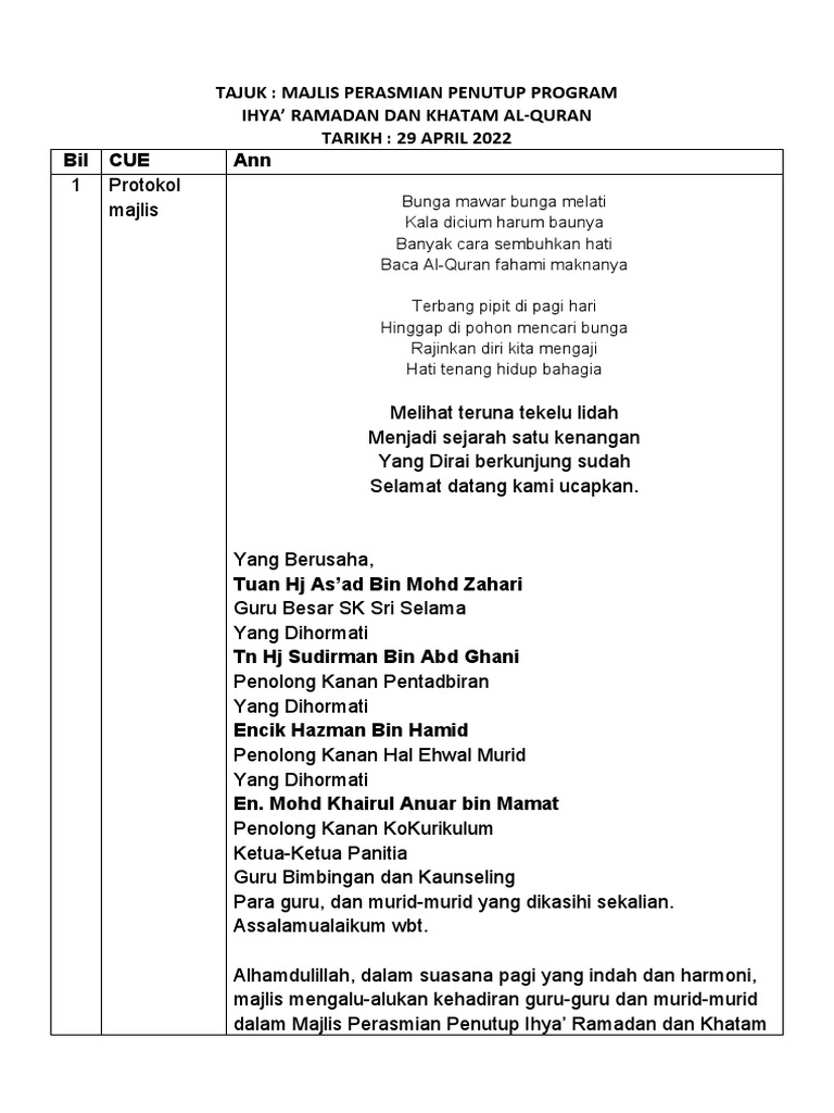 Teks Pengacaraan Pengacara Majlis - Ihya Ramadan Dan Khatam Al Quran ...