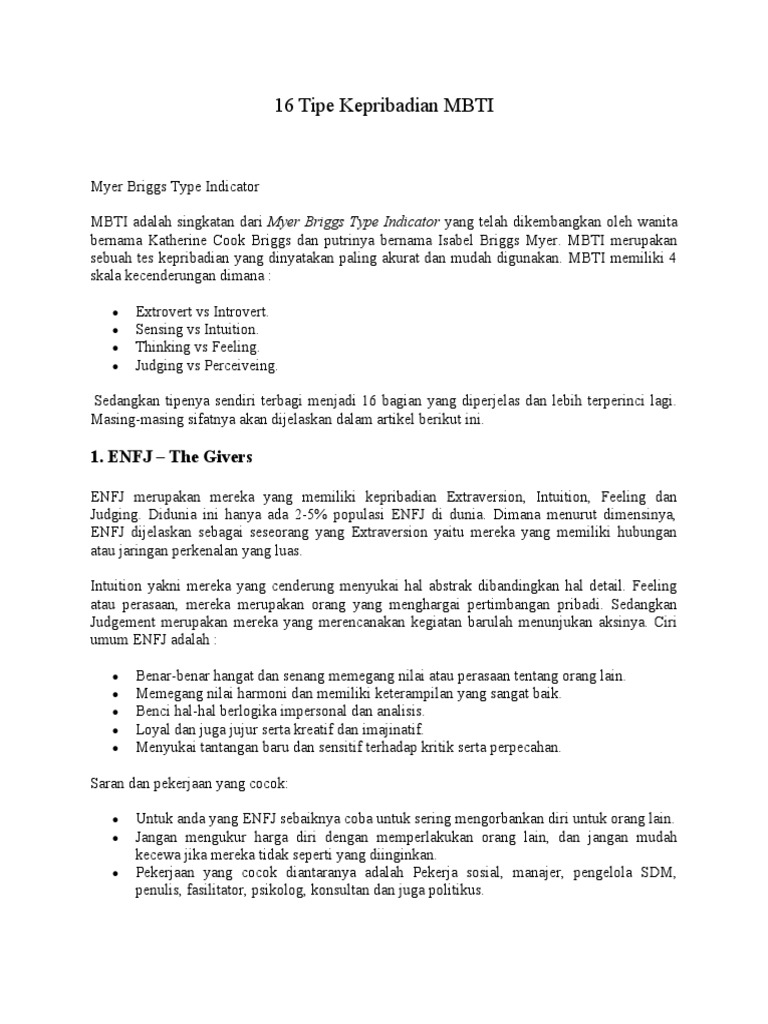 16 Tipe Kepribadian MBTI dan Karakteristiknya | PDF | Karier ...