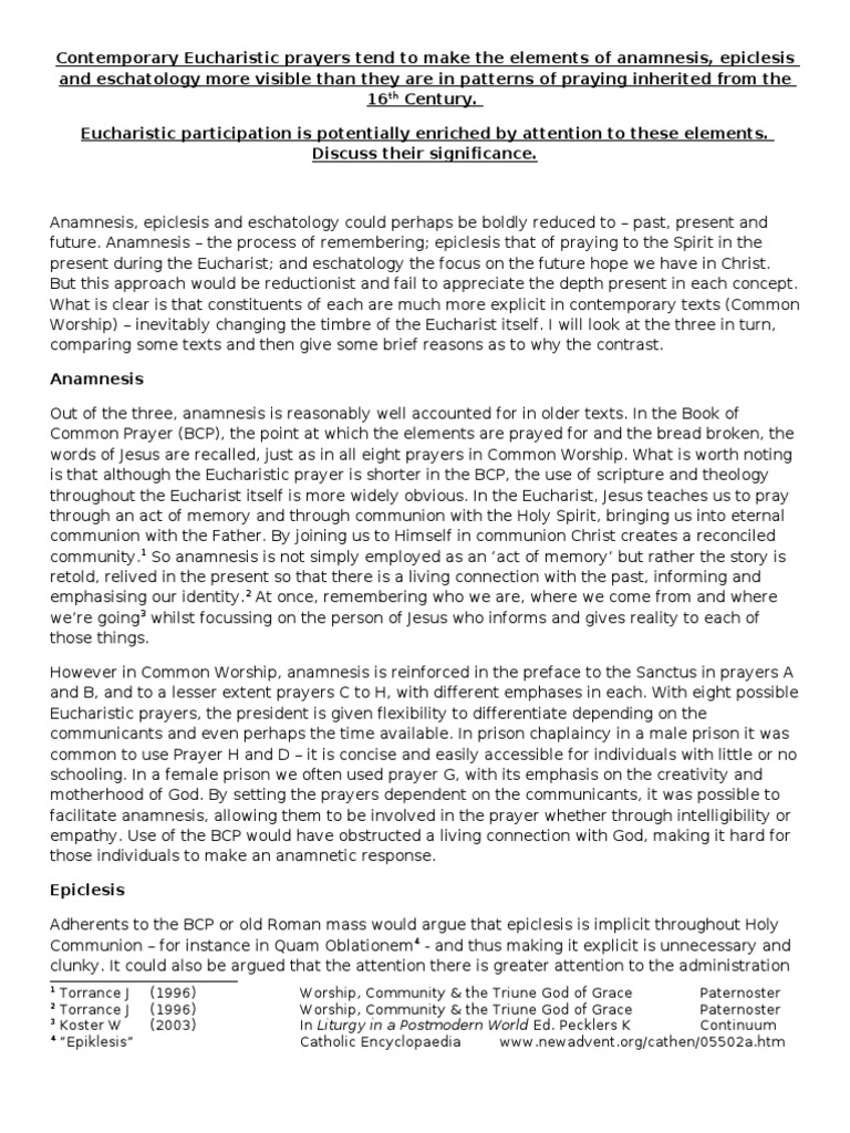 Anamnesis and Epiclesis in Eucharistic Prayers | PDF | Eucharist ...