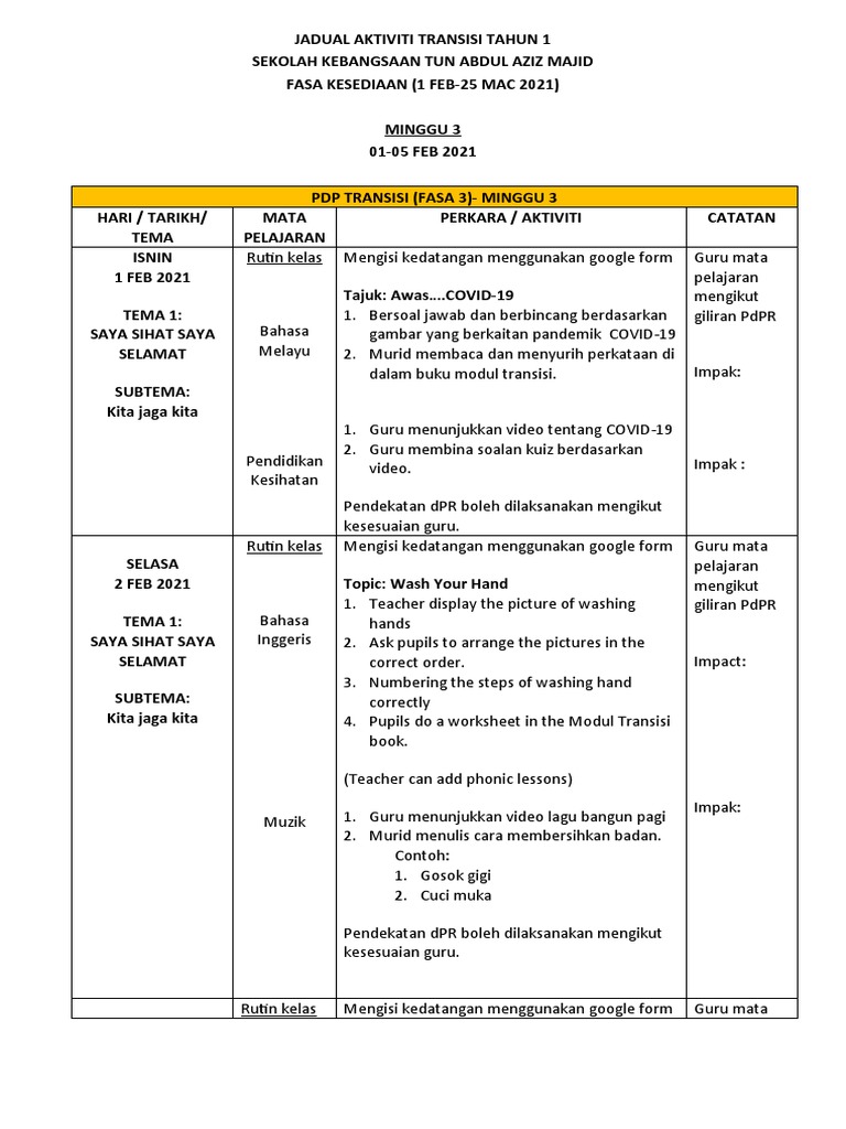 Jadual Aktiviti Transisi Tahun 1 M3 | PDF