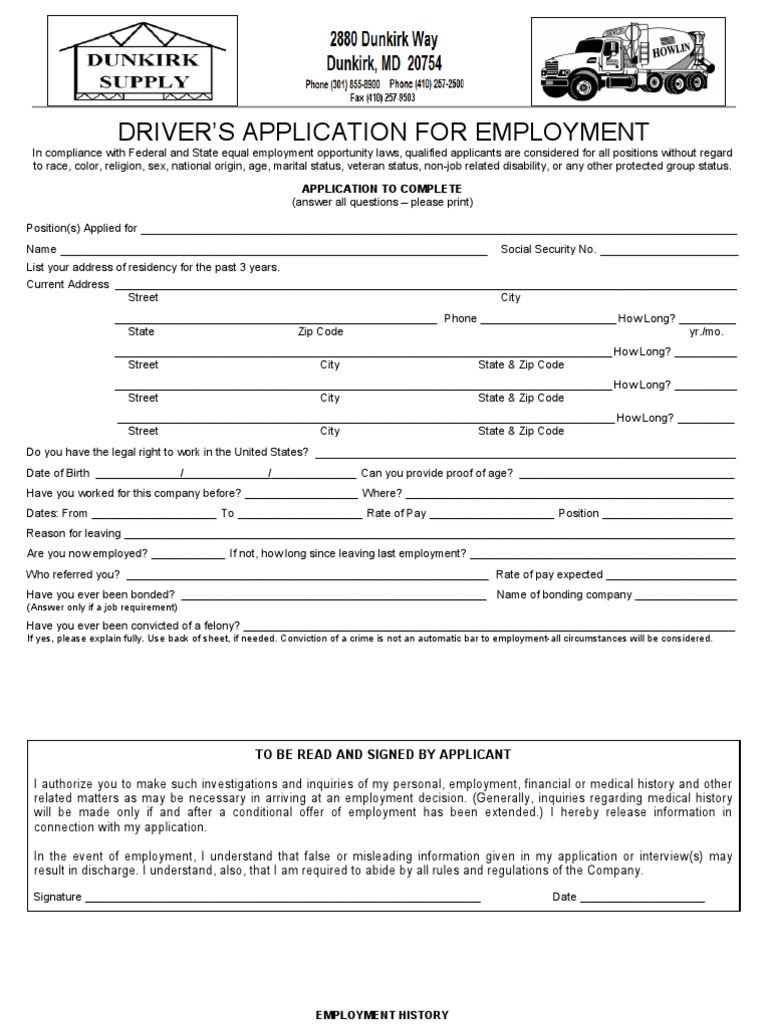 Driver Employment Application Form | PDF | Trailer (Vehicle) | Truck