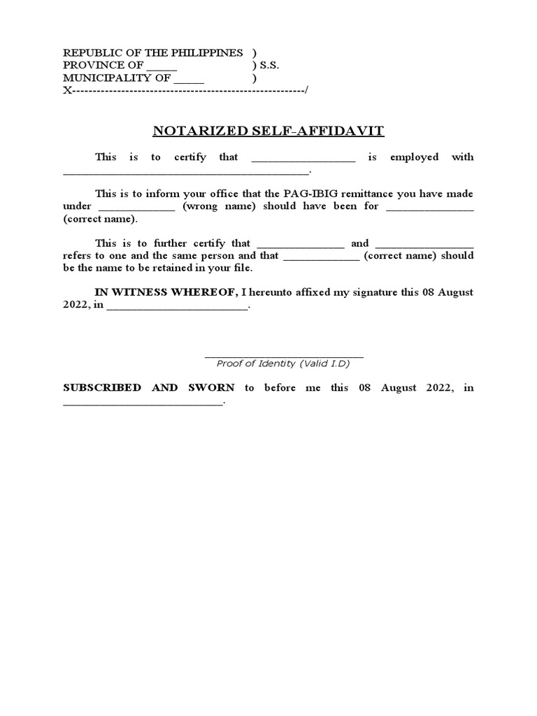 Notarized Self-Affidavit for PAG-IBIG | PDF