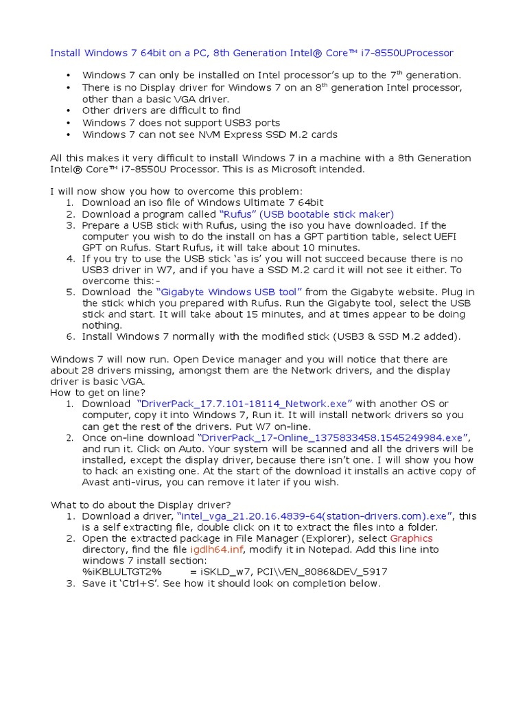 Install Windows 7 To 8th Generation Intel Core I7-8550u Processor | PDF ...