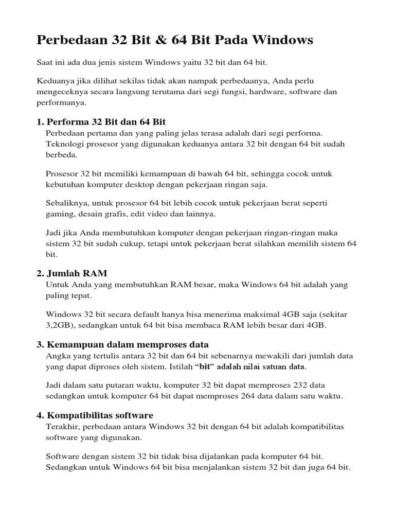 Perbedaan Windows 32 Bit vs 64 Bit | PDF
