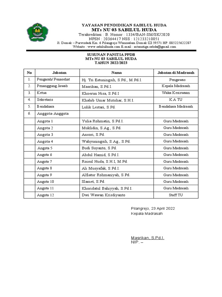Susunan Panitia PPDB | PDF