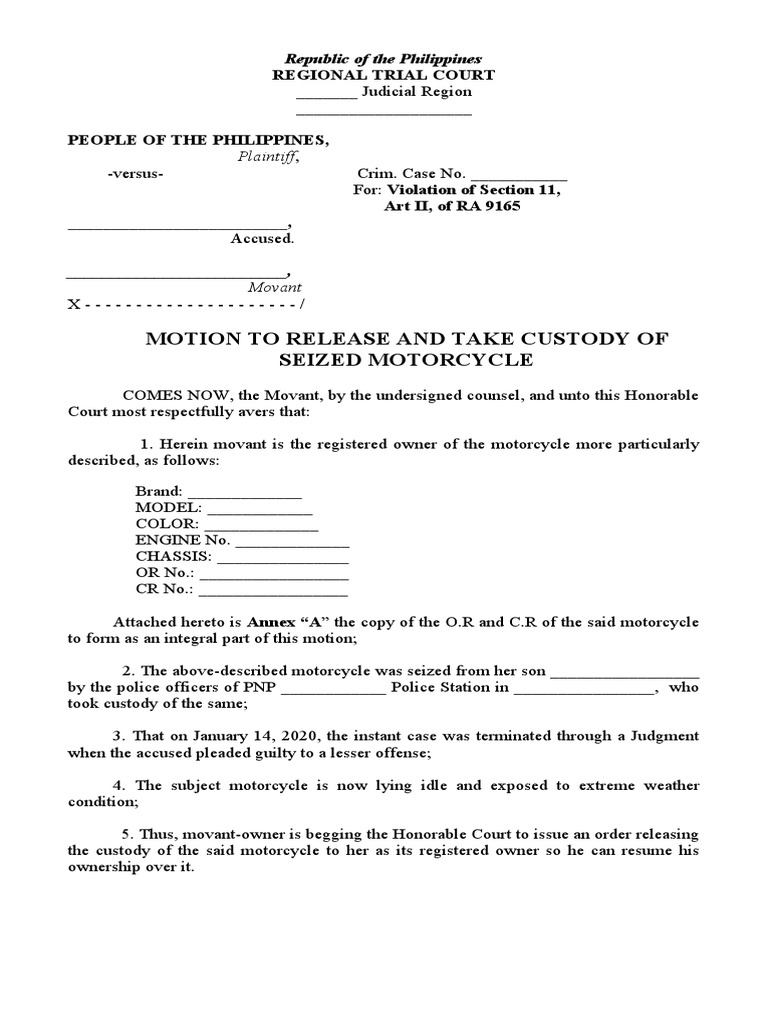 Motion to Release Seized Motorcycle | PDF | Common Law | Criminal Law