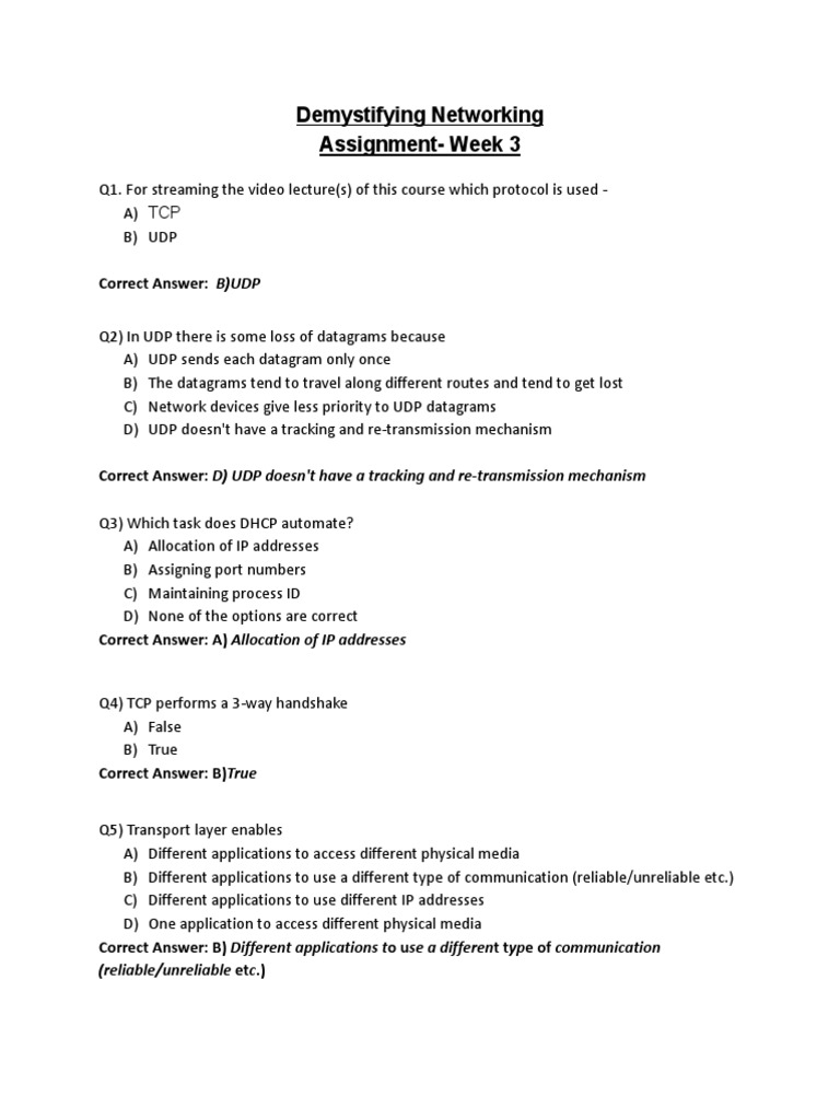 Demystifying Networking Assignment-Week 3: Correct Answer: B) UDP | PDF ...